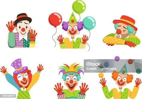귀여운 광대 컬렉션 재미있는 얼굴 생일 또는 카니발 파티 디자인 요소 벡터 일러스트와 쾌활한 서커스 만화 캐릭터 가발에 대한 스톡 벡터 아트 및 기타 이미지 Istock