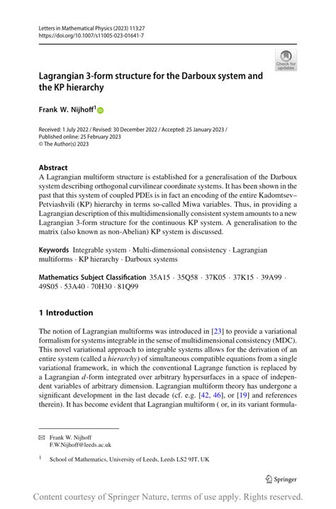Pdf Lagrangian 3 Form Structure For The Darboux System And The Kp