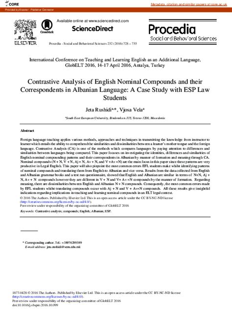 Pdf Contrastive Analysis Of English Nominal Compounds And Their Correspondents In Albanian