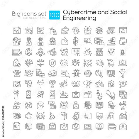 Cybercrime And Social Engineering Attack Linear Icons Set Internet Safety Customizable Thin