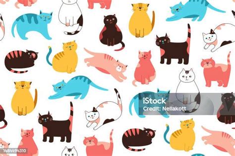 Стокова ілюстрація Кішки Каракулі Мультфільм Безшовний Візерунок Кішечка Різні Пози Безмежні