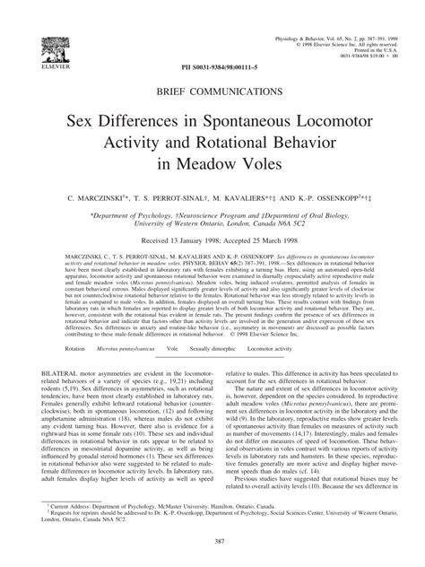 Pdf Sex Differences In Spontneous Locomotor Activity And Rotational Behavior In Meadow Voles