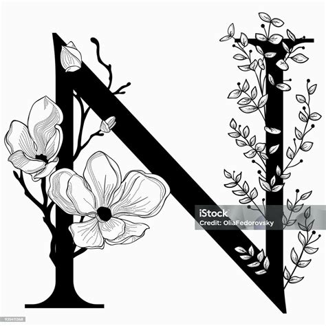손으로 그린 꽃 대문자 N 벡터 모노 그램 및 로고 0명에 대한 스톡 벡터 아트 및 기타 이미지 0명 검은색 꽃 나무 Istock