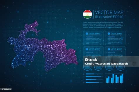타지키스탄 지도 인포그래픽 템플릿은 다이어그램 그래프 프리젠테이션 및 차트에 파란색 배경에 추상적인 기하학적 메쉬 다각형 조명 개념이 있다 0명에 대한 스톡 벡터 아트 및