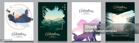 벡터 브로셔 카드 세트 자연을 발견하고 탐험하고 관찰하는 여행 개념 하이킹 모험 관광 전단지 잡지 책 표지 배너 초대 포스터의 플랫 디자인 템플릿 건강한 생활방식에 대한