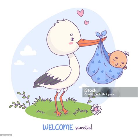 귀여운 황새가 풀밭에 서 있는 모습과 갓 태어난 아기 아이 벡터 일러스트 레이 션입니다 재미 있는 만화 새 Kawaii와 유아 멋진 유치한 엽서 생일 키즈 컬렉션 새생명에