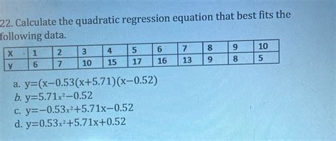 Solved 22 Calculate The Quadratic Regression Equation That Best Fits The Following Data A Y