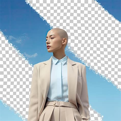 Скучающая молодая взрослая женщина с лысыми волосами восточноазиатского происхождения одетая в