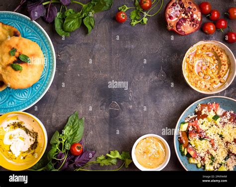 Table Served With Middle Eastern Traditional Vegetarian Dishes Hummus