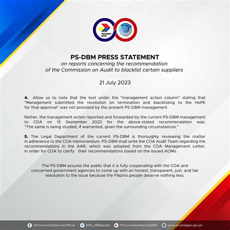 Ps Dbm Press Statement Reports About Coas Recommendation To Blacklist