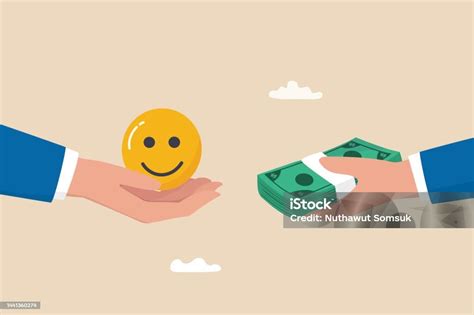 돈은 행복 철학 또는 삶의 성공 딜레마 재정적 목표 대 일과 삶의 균형을 사고 삶의 개념을 즐길 수 있으며 사업가는 행복 미소 얼굴을 사기 위해 돈을 제공합니다 가격에 대한