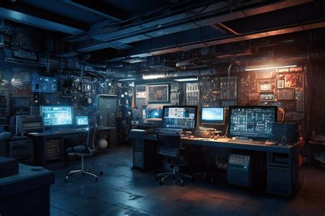 Premium Photo The Computer Equipment And Screens In The Dark Room