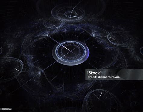 3d 디지털 프랙탈 디자인 시계 빈티지 시계 시리즈입니다 디자인 시간과 프랙탈 기하학 기호 과거 미래 시간 여행 및 현대 과학의