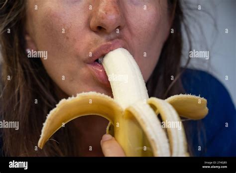 Woman Eats Food Woman Eats Banana Close Shot Of Girl Eating Bananas