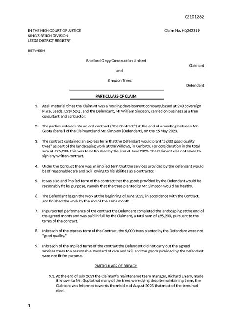 Drafting Exam IPP C IN THE HIGH COURT OF JUSTICE Claim No HQ KINGS BENCH DIVISION LEEDS