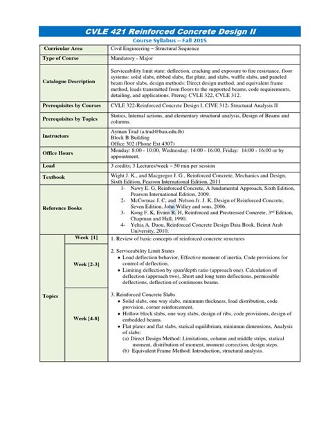 Bou Syllabus Cvle 421 Concrete Ii Pdf Beam Structure Strength Of Materials