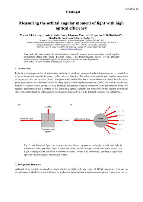 Pdf Measuring The Orbital Angular Moment Of Light With High Optical Efficiency