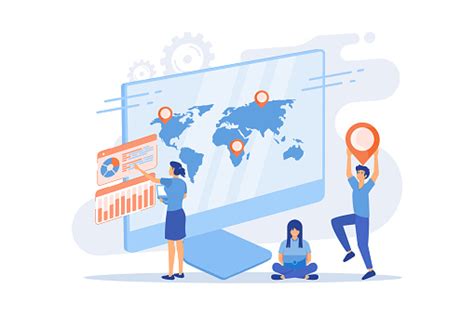 국제 비즈니스 회사 지점 개설 전세계 수출입 개념 확장 전략 만화 캐릭터를 계획하는 분석가 팀 플랫 벡터 모던 일러스트 레이 션