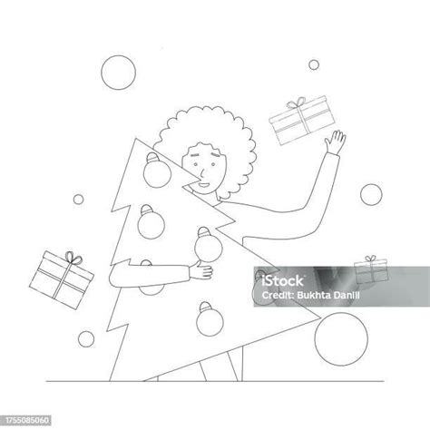 흰색 배경에 격리된 크리스마스 색칠하기 페이지 크리스마스 트리를 들고 있는 다른 포즈의 행복한 사람들 연말 연시를 기다리고