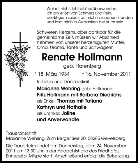 Traueranzeigen Von Renate Hollmann Trauer In Nrwde