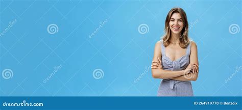 Happy Charismatic Adult European Woman With Cute Gap Teeth Smiling Broadly Crossing Hands