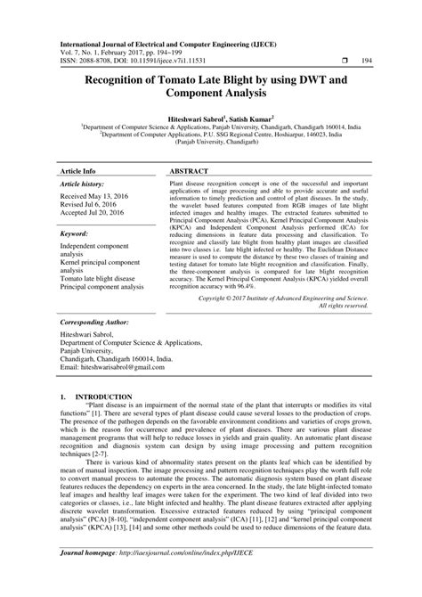 Pdf Recognition Of Tomato Late Blight By Using Dwt And Component Analysis