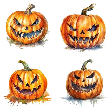 Ai 벡터 일러스트레이션으로 만든 Jack O Lantern Halloween 이벤트의 높은 상세한 수채화 요소 세트