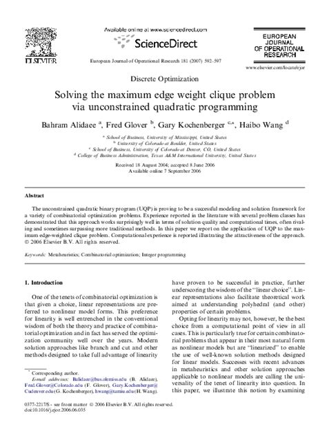 Pdf Solving The Maximum Edge Weight Clique Problem Via Unconstrained Quadratic Programming