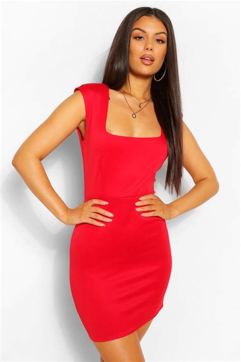 Shoulder Pad Square Neck Mini Dress Mini Dress Red Mini Dress Bodycon Fashion
