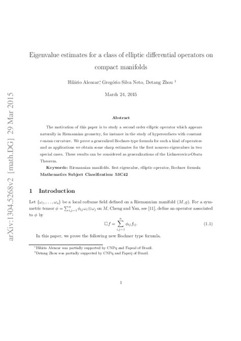 Pdf Eigenvalue Estimates For A Class Of Elliptic Differential Operators On Compact Manifolds