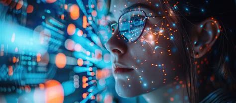 Futuristic Woman With Glasses Surrounded By Digital Data And Light Patterns In A Hightech