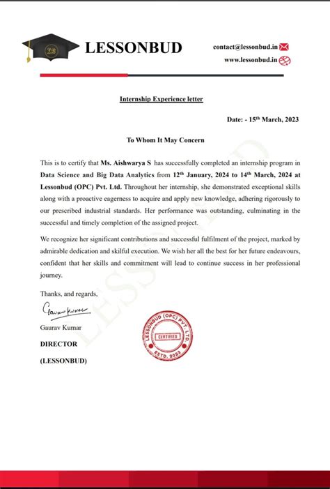 Aishwarya S On Linkedin Datascience Internship Lessonbud Gratitude