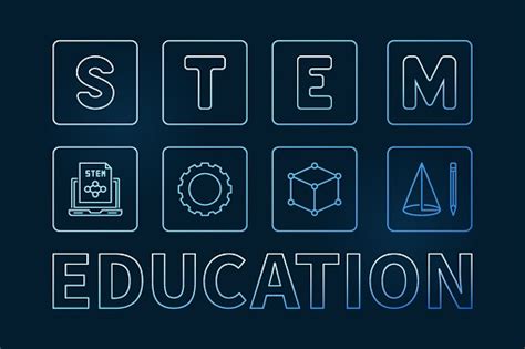 Stem 과학 기술 공학 수학 교육 라인 파란색 수평 배너 벡터 일러스트레이션 Stem 주제에 대한 스톡 벡터 아트 및 기타