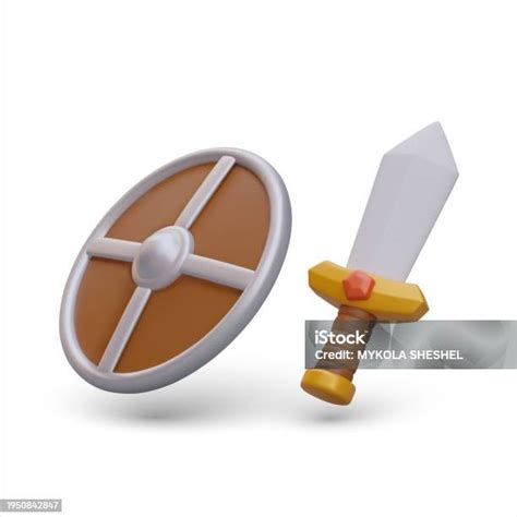 만화 스타일의 3d 둥근 방패와 칼 흰색 배경에 색상 벡터 이미지 Brand Name Video Game에 대한 스톡 벡터 아트