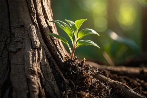 Premium Photo New Growth Beside Tree Trunk