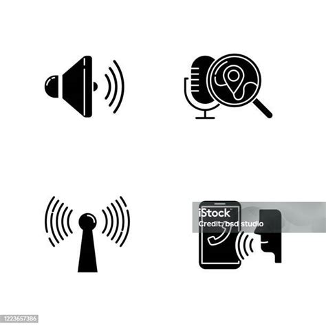 음성 제어 앱 문말 아이콘 설정 모바일 음성 명령 사운드 레코더 스마트 장치 검색 요청 혁신적인 무선 기술 실루엣 기호입니다
