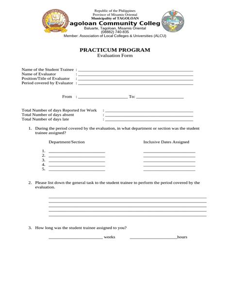 Practicum Program Evaluation Form 1 Pdf