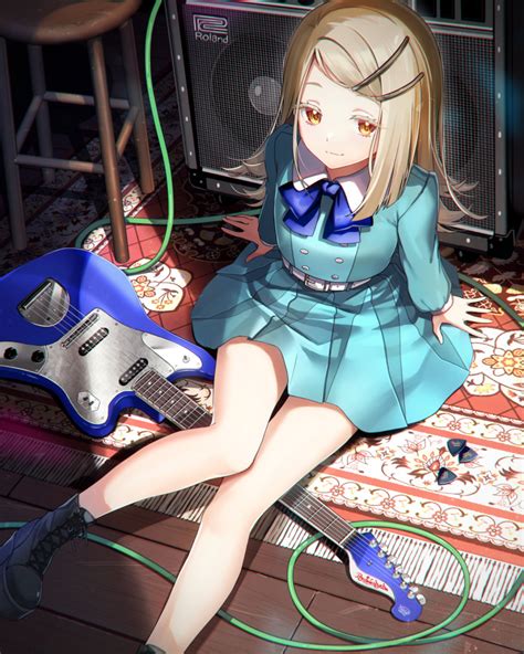Safebooru 1girl Amplifier Aqua Dress Arm Support Blonde Hair Blue Bow Blue Bowtie Bow Bowtie