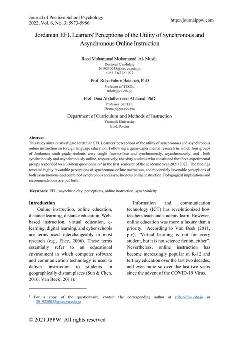 Pdf Jordanian Efl Learners Perceptions Of The Utility Of Synchronous And Asynchronous Online