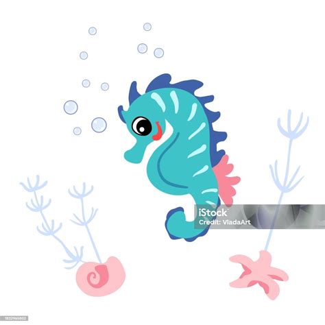 귀여운 해마 조개 불가사리가 수중 해양 생물의 벡터 그림 귀여운에 대한 스톡 벡터 아트 및 기타 이미지 귀여운 다중 색상