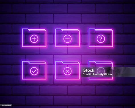 네온 아이콘 세트 폴더 벽돌 벽에 고립 된 분홍색 네온 벡터 아이콘 세트 0명에 대한 스톡 벡터 아트 및 기타 이미지 0명 3차원 형태 누름 버튼 Istock