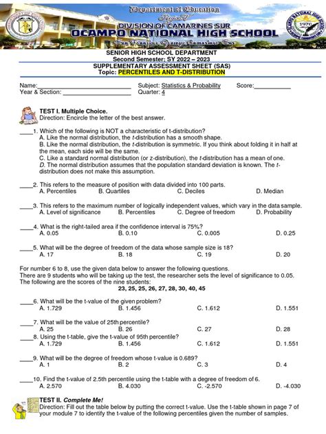 Sas Statprob T Distribution Percentiles Pdf Normal Distribution Percentile