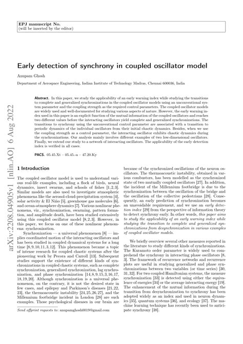 Pdf Early Detection Of Synchrony In Coupled Oscillator Model