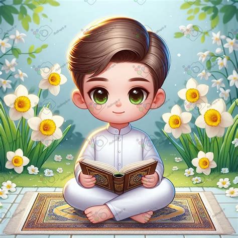 بک گراند کودکانه پسر نوجوان نشسته روی سجاده در حال قرآن خواندن در باغ