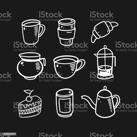 손으로 그린 흰색의 윤곽선 커피 요소는 칠판에 고립되어 있습니다 개념에 대한 스톡 벡터 아트 및 기타 이미지 개념 검은색 그리기 Istock