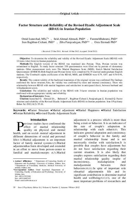 Pdf Factor Structure And Reliability Of The Revised Dyadic Adjustment Scale Rdas In Iranian