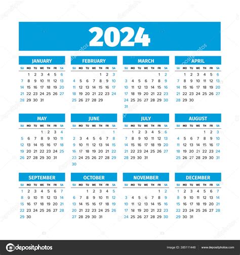 2024 Календарь с неделями начинается в воскресенье Стоковый вектор