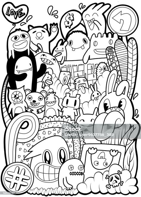 손으로 그린 삽화 괴물 낙서 손으로 그린 만화 괴물 그림 만화 군중 낙서 손으로 그린 낙서 스타일흑백 줄무늬 색칠하기 책 구름에 대한 스톡 벡터 아트 및 기타 이미지