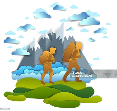 젊은 활동적인 커플 산 초원 여름 하늘에 구름을 통해 하이킹 남자 친구와 여자 친구 등산객 자연에서의 자유 시간을 보내고 여름 휴가 벡터 일러스트 레이 션 가족에 대한 스톡