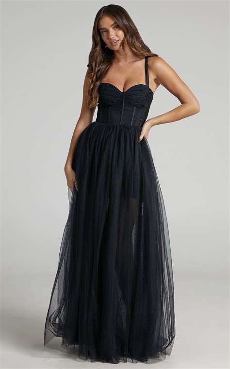Emmary Gown Bustier Bodice Tulle Gown In Black Black Tulle Dress